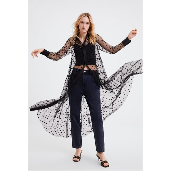 Zara Dress Size XL Sheer Polka Dot Duster Tulle Maxi Duster Black ...